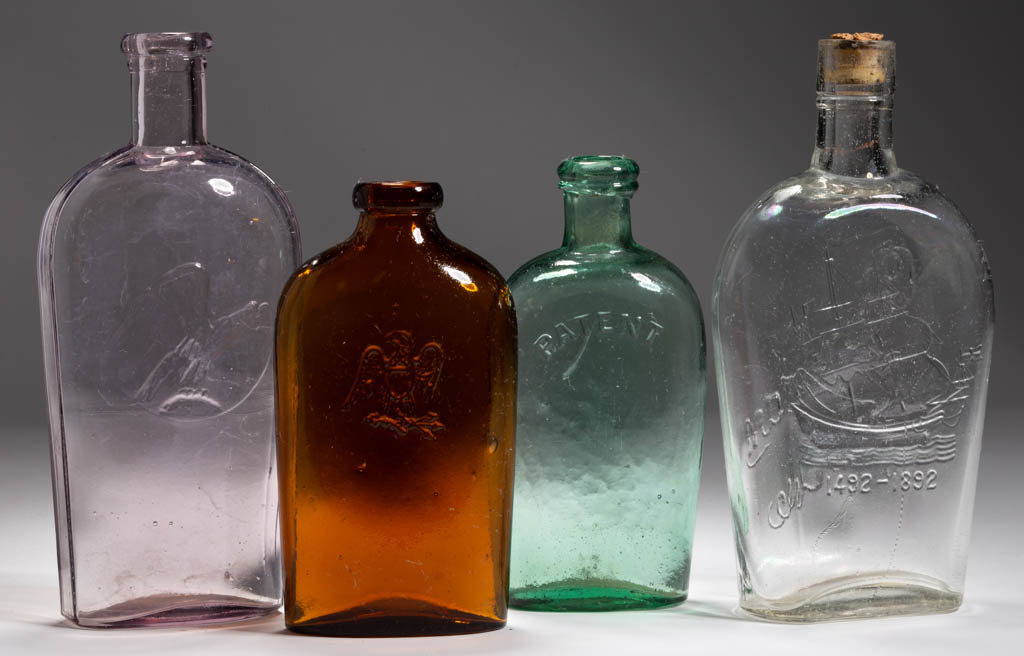 ASSORTED PICTORIAL / HISTORICAL FLASKS, LOT OF FOUR | Barnebys