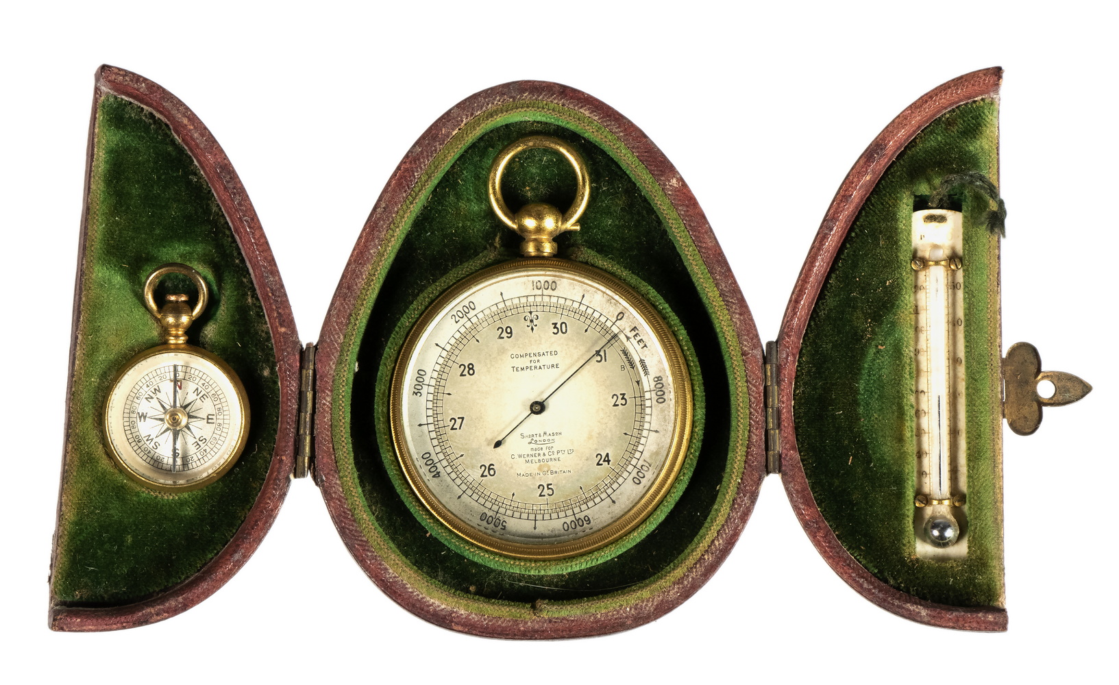 SHORT & MASON GILT METAL CASED POCKET COMPENSATED BAROMETER, COMPASS ...