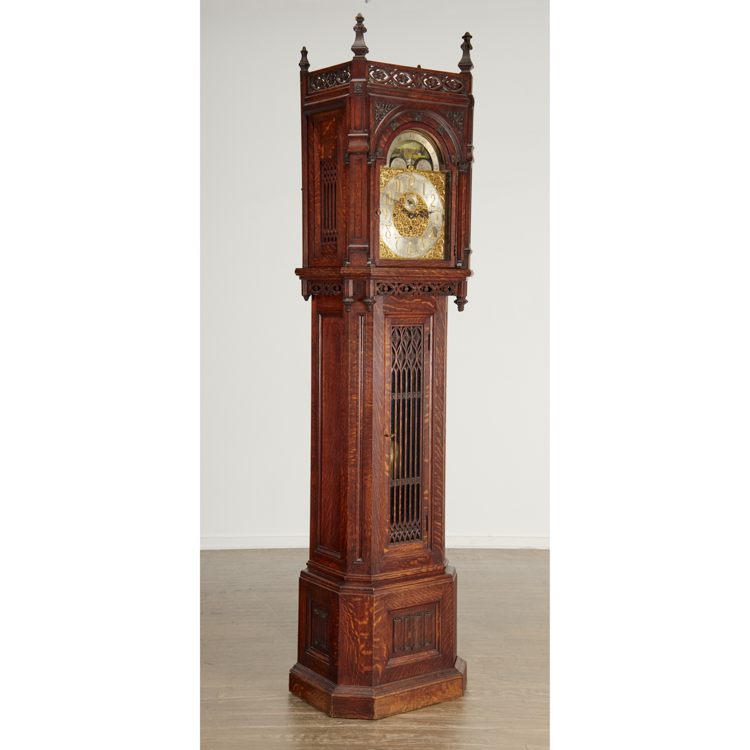 Tiffany & Co, Gothic Revival oak tall case clock | Barnebys